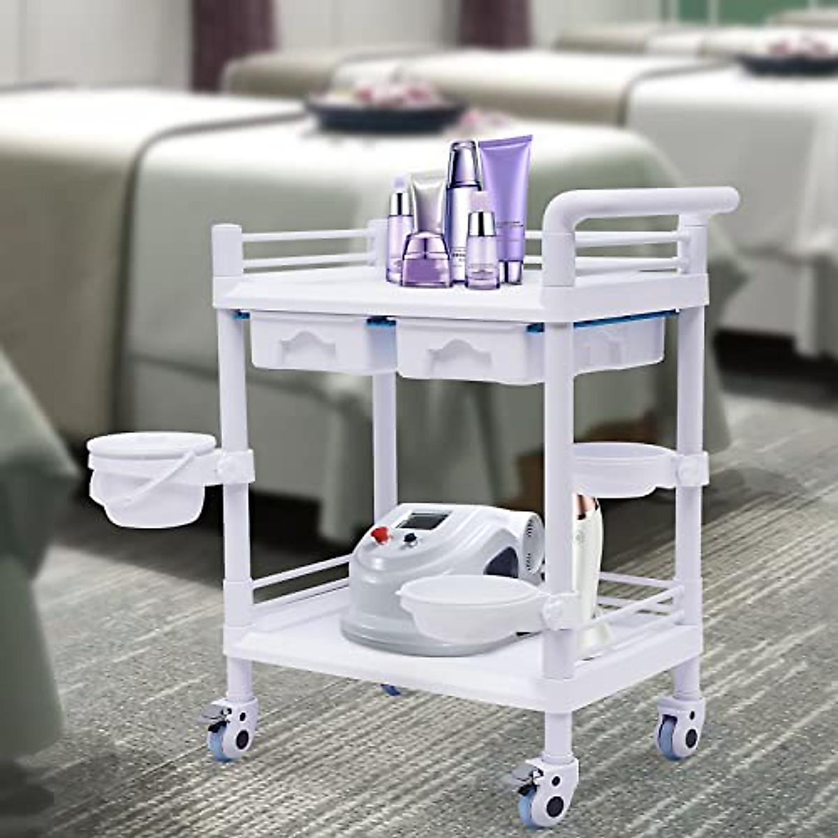 Rolling Utility Cart, 3-Tier Heavy Duty Cosmetology Cart with 360° Swivel Wheels, Dirt Bucket and Drawer for Beauty Salon SPA, Commercial Hospital Office Lab Cart (White)