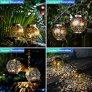 FENGTAI Waterproof Solar Lantern Outdoor, 2 Pack Hanging Lights Decorative Retro Metal Solar Lights for Table Patio Yard Pathway Walkway Garden