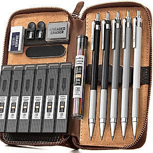 Nicpro 17PCS Metal 2mm Mechanical Pencil Set in Leather Case, 2.0 mm Lead Pencil Holders (4B 2B HB 2H 4H) 6 Tube Black Lead Refills & Colored Lead, Erasers,Sharpener For Art Drafting Sketching Drawing