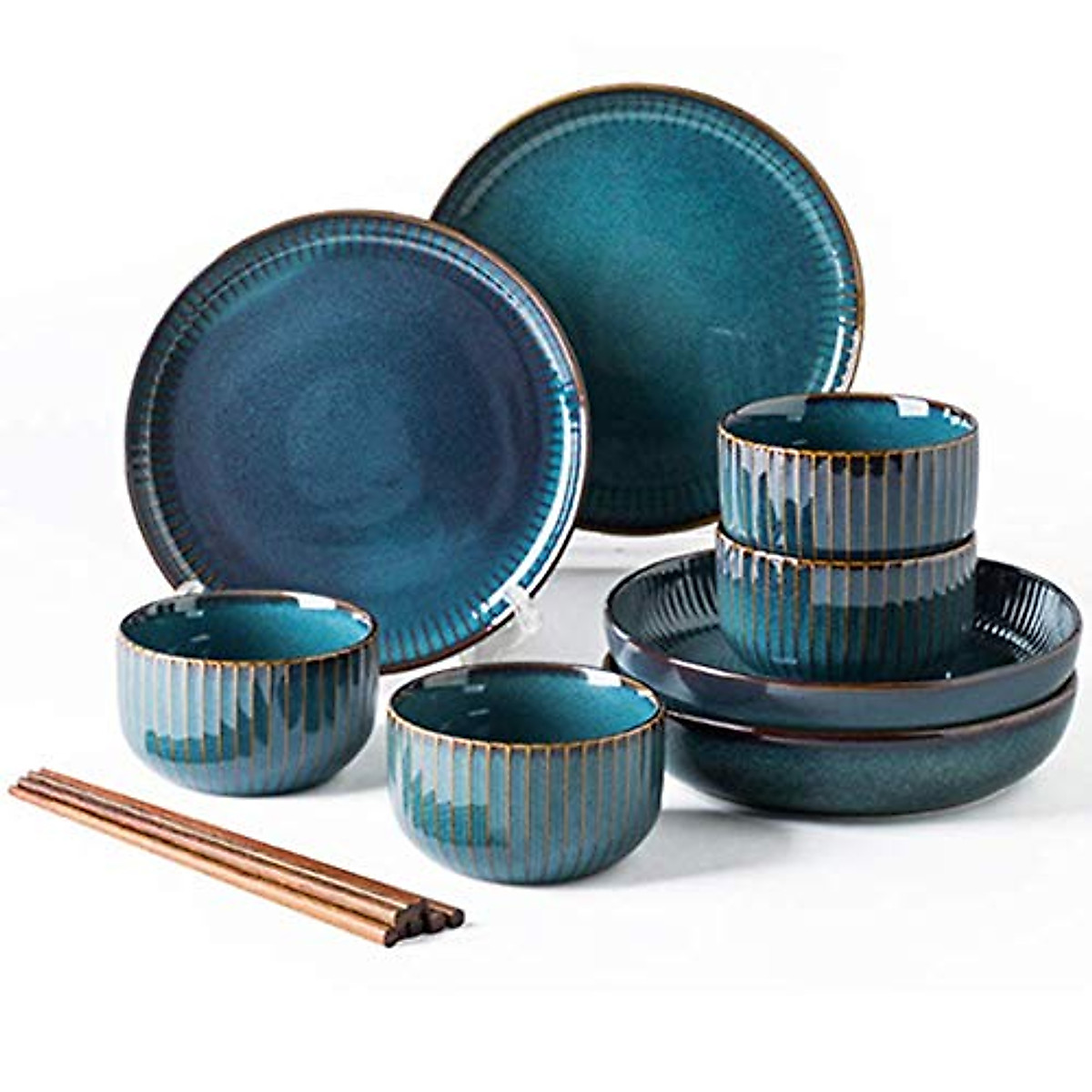 Kitchen DinnerwareFine Dinnerware Set,Porcelain Dinnerware Set, Ceramic Plates and Bowls Sets, Modern Creativity Vintage Lounge Round Reactive Glaze Stoneware Dishes Set for Kitchen/Dining, Blue,Serv