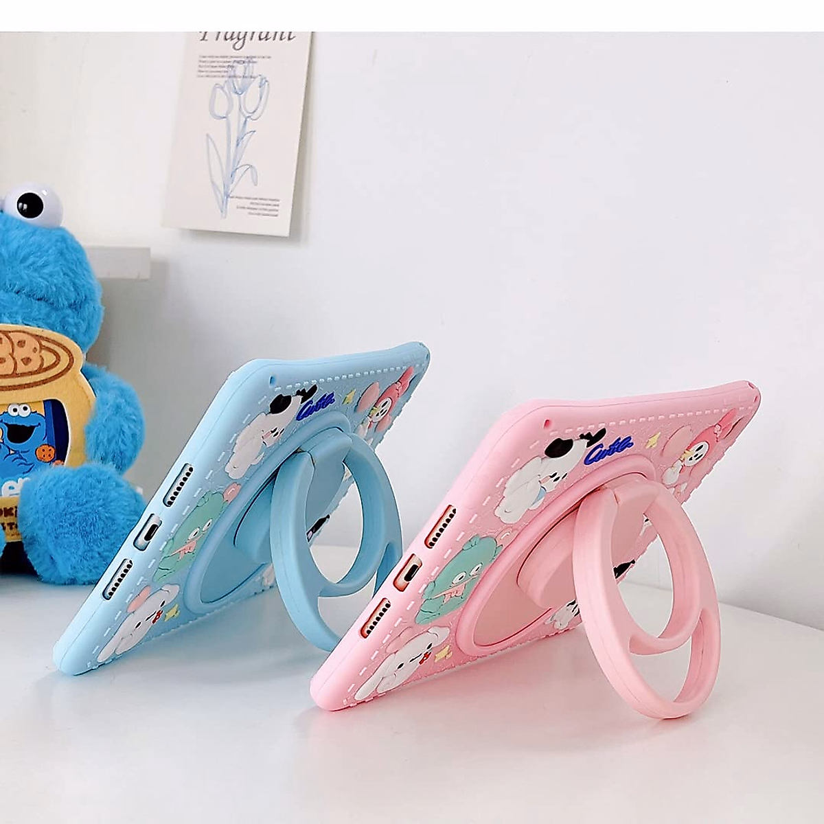 for iPad 9th/8th/7th Generation Case, iPad 10.2 Case 2021/2020/2019, with 360° Rotatable Kickstand Cute Cartoon Shockproof 10.2 Inch Silicone Case (Pink)