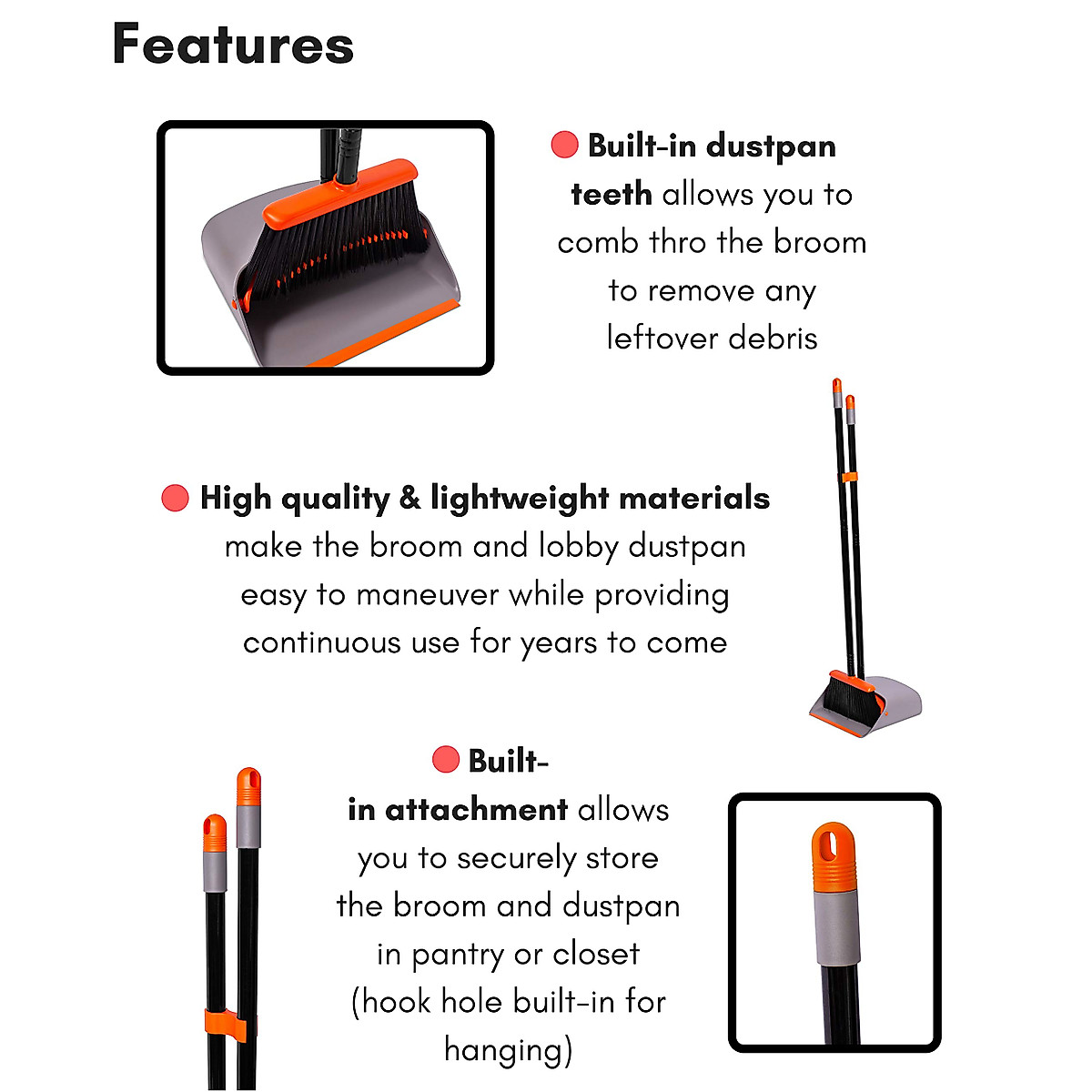 BirdRock Home Broom and Dustpan Set - Lobby Dust Pan - Orange and Grey Durable Set - Indoor or Outdoor - Sweep Combo Great for Kitchen, Home, Garage and Office - Clip On Self Cleaning Bristles