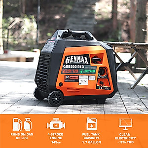 GENMAX Portable Inverter Generator, 3500W Super Quiet Gas or Propane Powered Engine with Parallel Capability, Remote/Electric Start, Ideal for Camping Travel Outdoor.EPA Compliant (GM3500iAED)