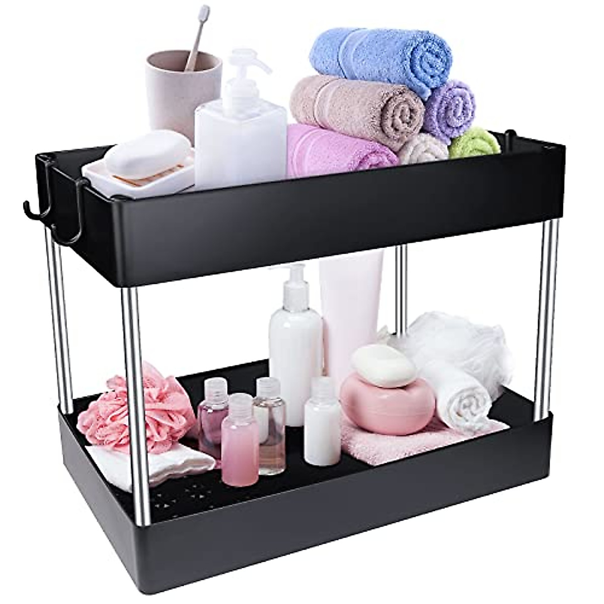 LGHIESO Under Sink Organizer and Storage, Under Bathroom Sink Shelf Organizer Rack, Under Bath Sink Collection Baskets with Hooks, Ideal for Room, Office, Kitchen, Bathroom (Black, 2-Tier)