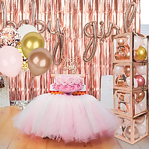 Rose Gold Baby Shower Decorations Rose Gold Balloon Garland Arch Kit Balloon Boxes Fringe Curtain Tablecloth Cake Topper Butterfly Stickers for Birthday Girls Baby Shower Gender Reveal Party Supplies