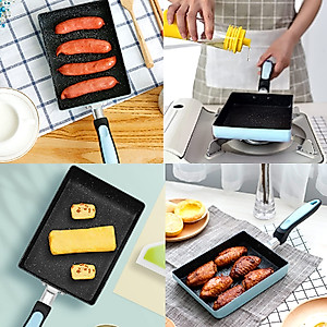 Japanese Tamagoyaki Omelette Egg Pan（blue）, 7" x 6" inch Non-stick Coating Retangle Small Frying Pan, Gas Stove and Induction Hob Compatible, Dishwasher Safe, with Silicone Spatula & Brush（green)