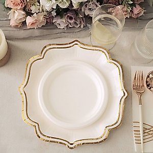 Tableclothsfactory 25 Pack | White/Gold 10" Scallop Rim Dinner Party Paper Plates, Disposable Plates - 300 GSM