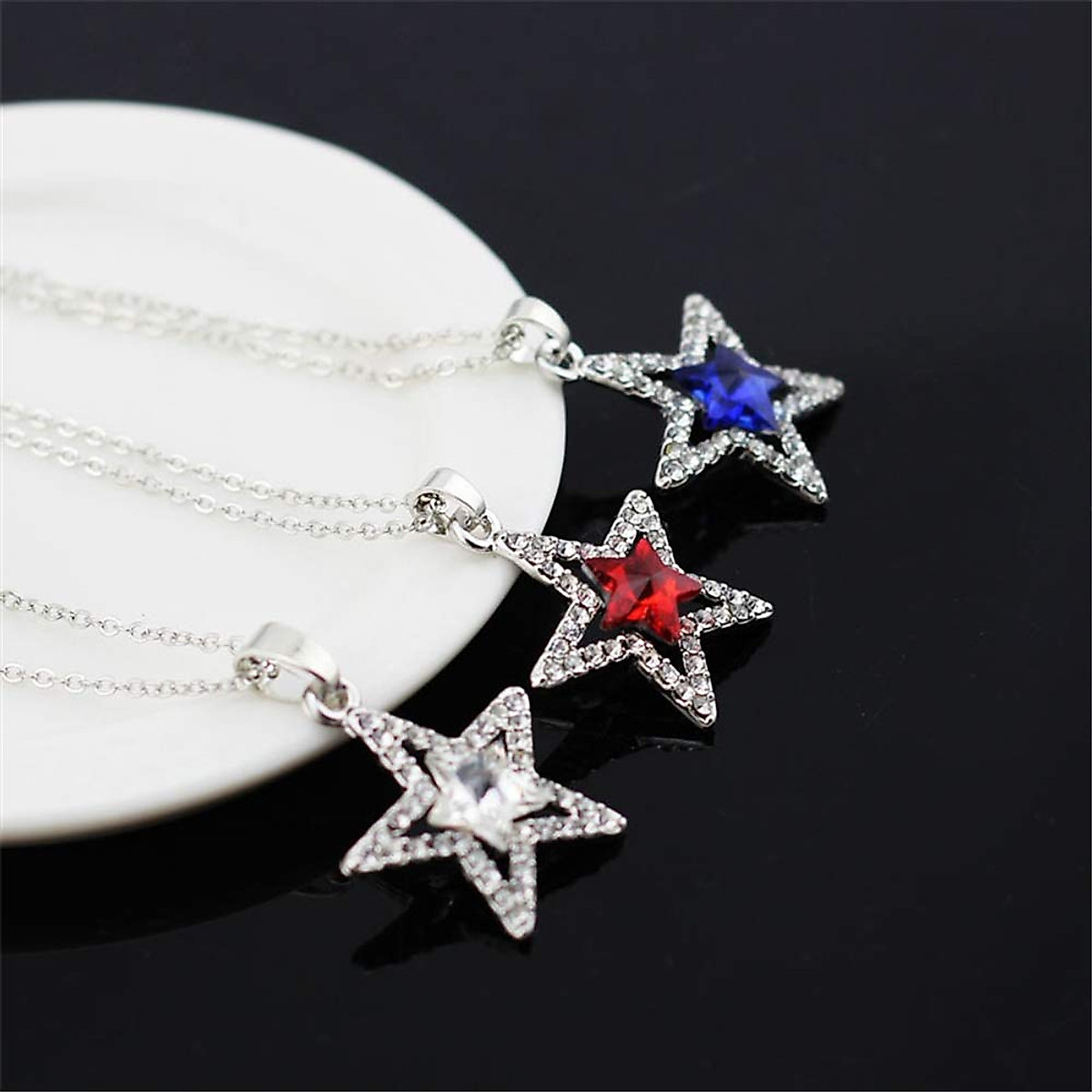 AILUOR Five-Pointed Star Sapphire Crystal Pendant Necklace, Fashion Silver Crystal Hollow Star Jewelry for Women (Blue)