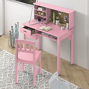 BALUS Kids Desk & Chair Set, Children’s Desk for Bedroom with Drawer for Storage, Kids Craft Table, Study Table for Writing Reading Painting for Boys Girls 7-14 Year Old - Pink