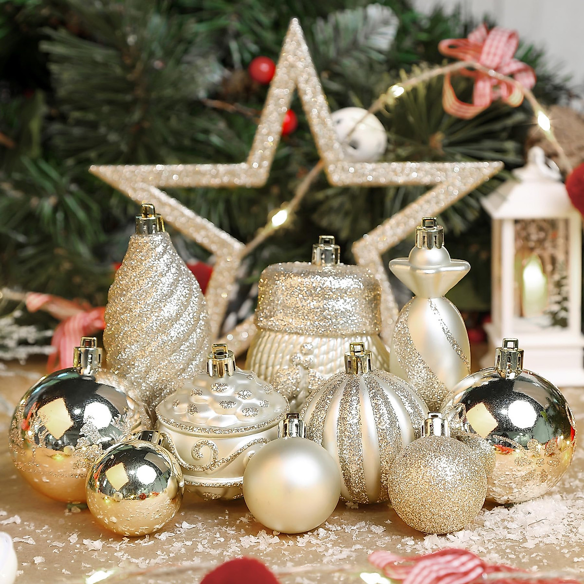 Alupssuc 80Pcs Christmas Balls Ornaments Set, Christmas Tree Decorations, Shatterproof Plastic Christmas Decor Hanging Balls with Hooks for X-mas Party Wedding Holiday, Champagne Gold