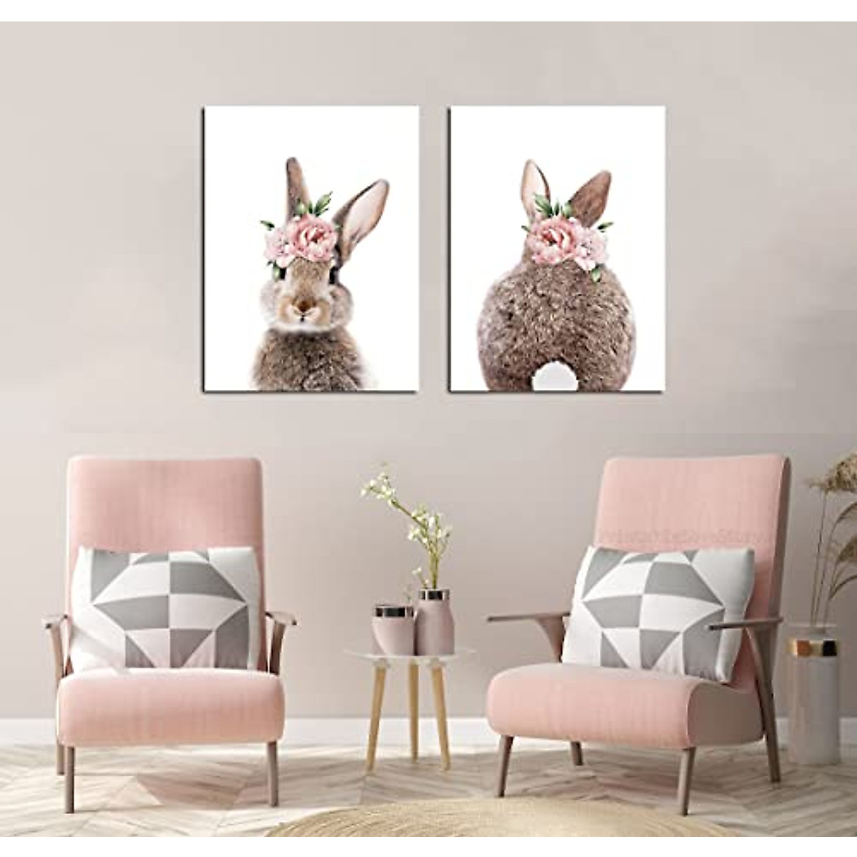 Girls Nursery Wall Art Bunny Rabbit with Pink Flower Crown Canvas Print Wall Decor Woodland Animal Posters Kids Room Set of 2 Bedroom Deccoration Framed Wall Art