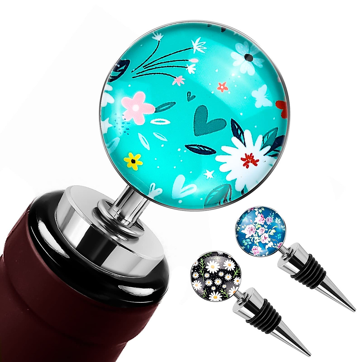 Ohok Wine Stoppers for Bottles,3 Pcs Stainless Steel Wine Stoppers with Decorative Glass for Wine Collection Red Wine Champagne Beer Saver Sealer (Flowers B)