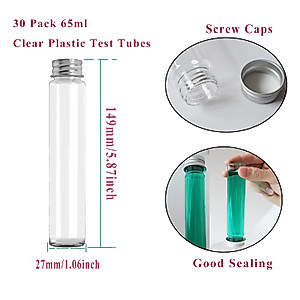 Muhome 30 Pack 65ml Clear Plastic Test Tubes with Screw Caps Flat Bottom, 27×149mm Tubes for Gumball Candy and Beads Storage, Scientific Experiments, Bath Salt DIY Christmas Party Favors