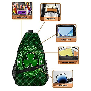 Sling Backpack, St Patrick Day Shamrock Green Checker Plaid Waterproof Lightweight Small Sling Bag, Travel Chest Bag Crossbody Shoulder Bag Hiking Daypack for Women Men
