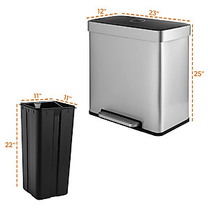 Arlopu 16 Gallon Stainless Steel Trash Can, 60L Kitchen Classified Recycle Garbage Can, Dual Compartment Dustbin with Removable Inner Buckets, Step-on, Soft-Close Lid, for Home Office, Silver