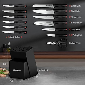 Astercook Knife Set with Built-in Sharpener Block, Dishwasher Safe Kitchen Knife Set with Block, 14 Pcs High Carbon Stainless Steel Block Knife Set with Self Sharpening and 6 Steak Knives, Black