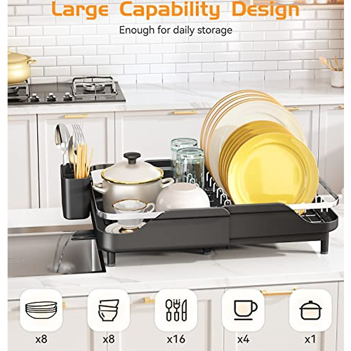 PXRACK Dish Drying Rack, Expandable(11.5"-19.3") Dish Rack for Kitchen Counter, Dish Rack and Drainboard Set, Dish Drainer with Utensil Holder for Kitchen Sink, Black