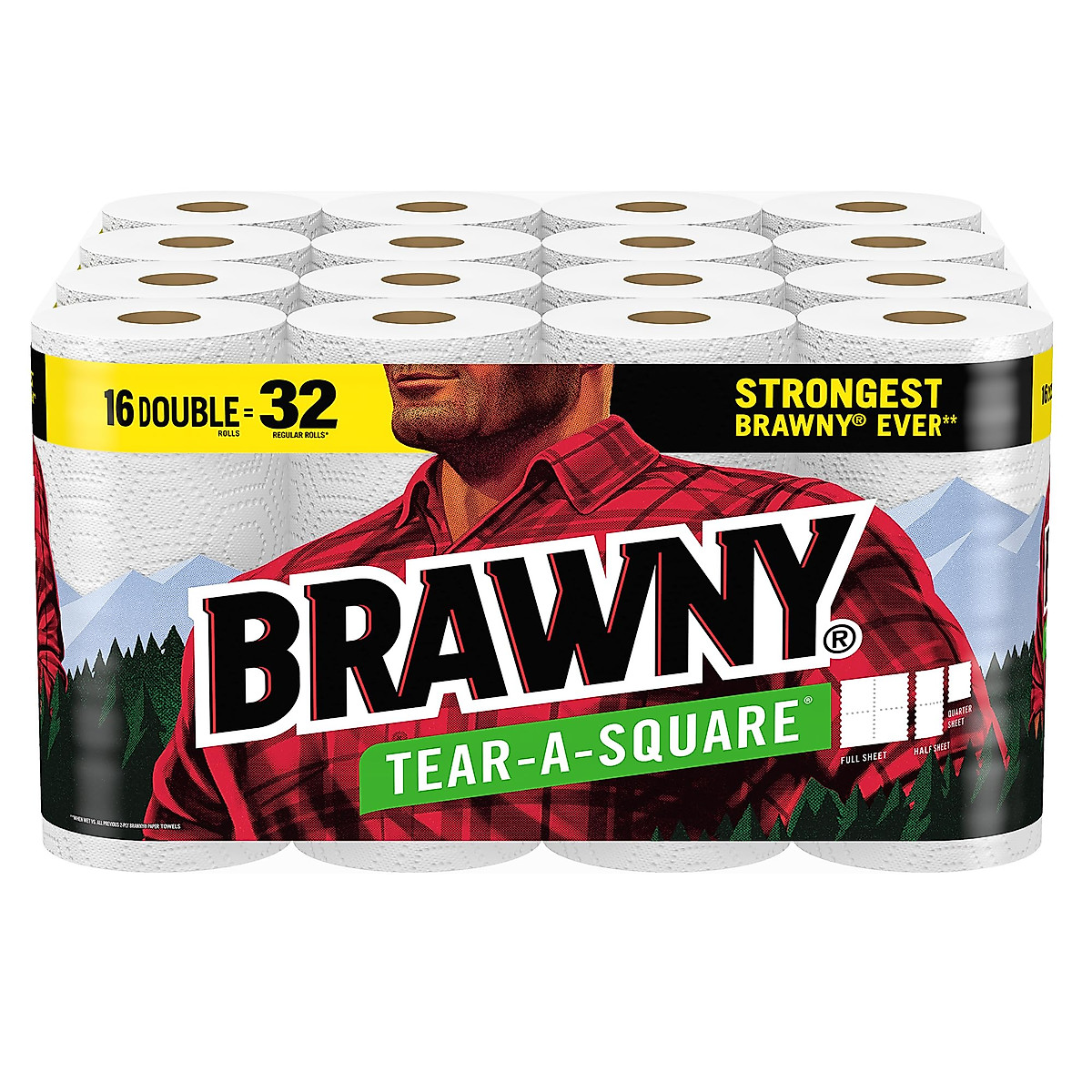 Brawny® Tear-A-Square® Paper Towels, 16 Double Rolls = 32 Regular Rolls