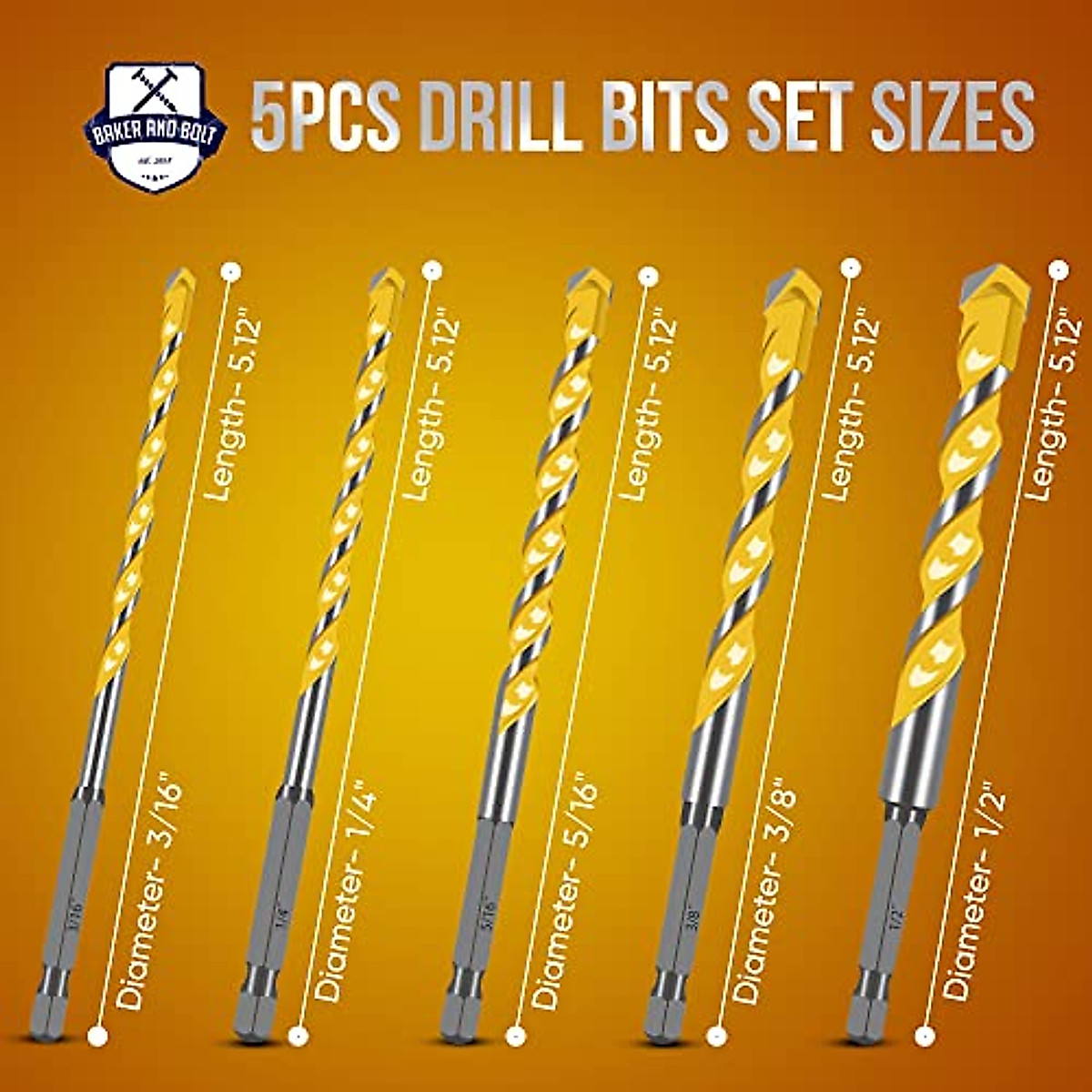 Baker and Bolt Masonry Drill Bit Set, 5 Pcs Concrete Drill Bit Set, for Ceramic Tile Brick Wood Plastic Cement. Impact Ready. Tungsten Carbide Tips 5.12'' Long, Sizes 3/16, 1/4, 5/16, 3/8, 1/2.