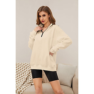 Meladyan Women's Half Zip Sweatshirt Oversized Long Sleeve Collar Drop Shoulder Solid 1 / 4 Zipper Pullover Coat, Apricot, Medium