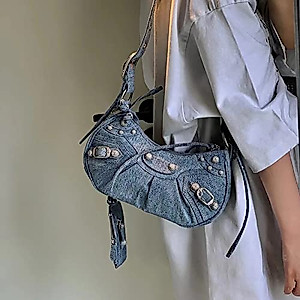Cross Body Bag Purses for Women Shoulder Bag in Blue Denim With Rhinestons Fashion Rivet Punk Bag