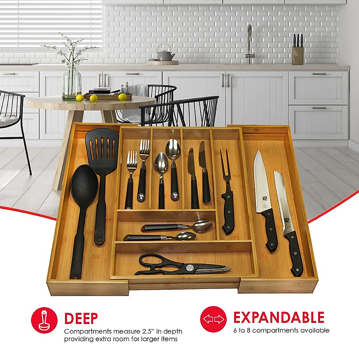 Home Basics Expandable Bamboo Utility Drawer Organizer with 8 Compartments Utensil Cutlery Tray, Adjustable Kitchen Divider for Craft, Sewing, Office, Bathroom, Kitchen