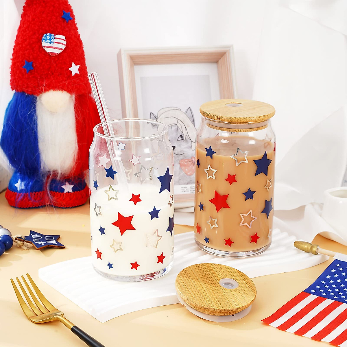 Whaline Patriotic Drinking Glasses with Bamboo Lids and Straw 4th of July Beer Can Glasses 16oz Red Blue White Star Iced Coffee Cups for Independence Day Travel Office Home Gifts, 2Pcs