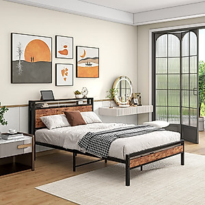 HOJINLINERO Full Size Bed Frame with Storage Headboard/USB Charging Station,Metal Platform Bed Frame Full Size No Box Spring Needed,Noise-Free,Strong Steel Slats Support,Rustic Brown