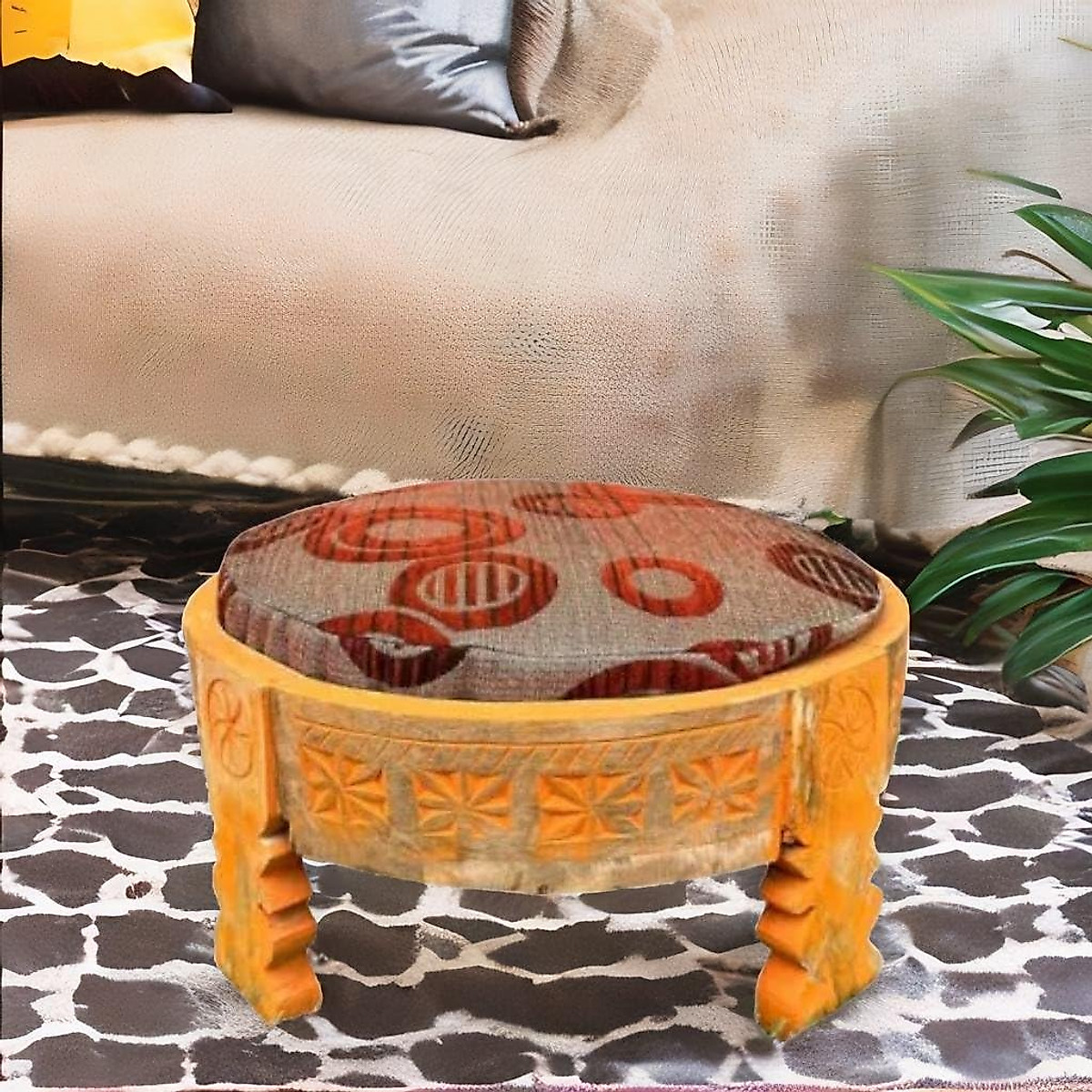 Wooden Indian Round Carving Chakki Table With Custion,Indian Decor Coffee Table,Wood Table,Side Table,Grinder Table,Dining Table.