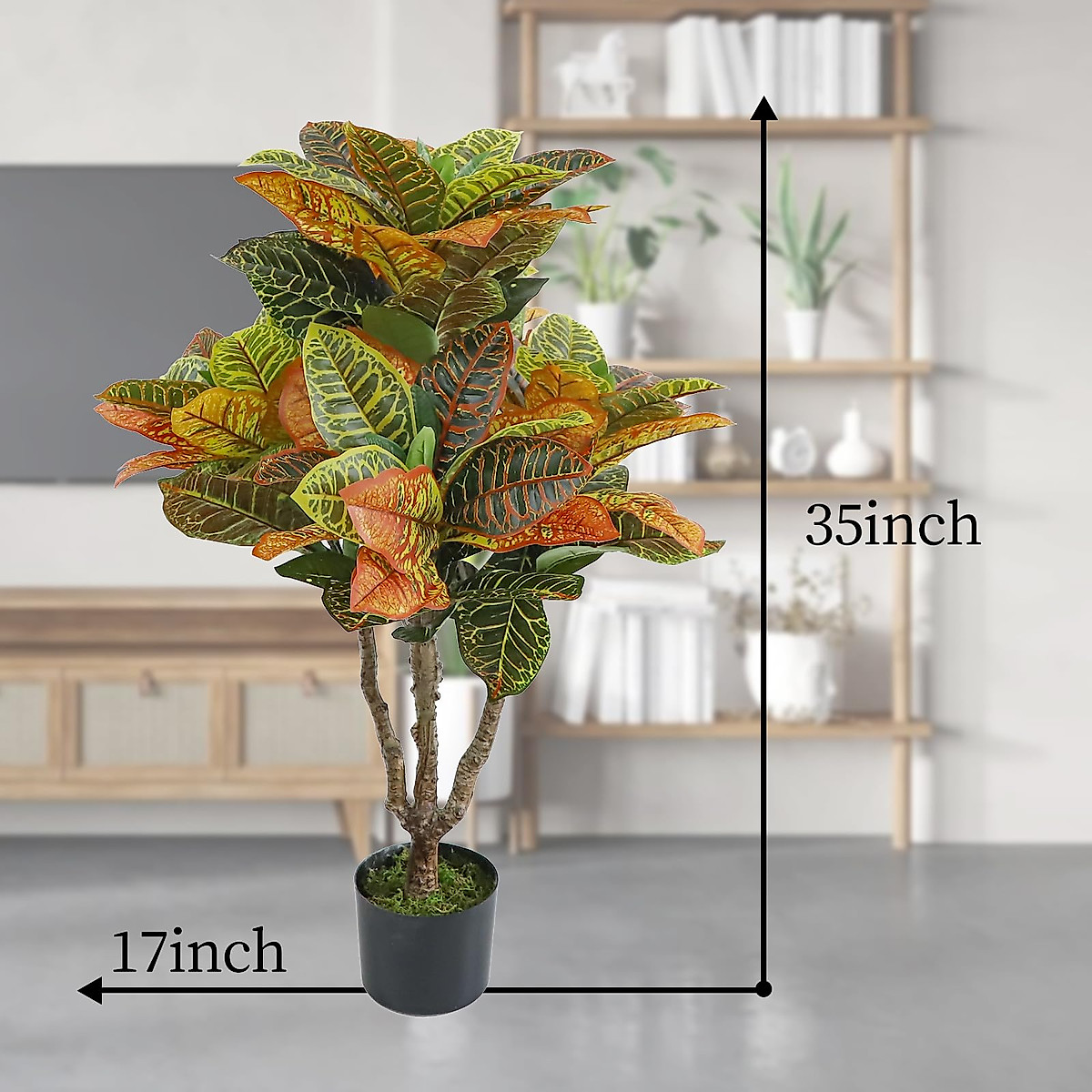 2PCS Artificial Croton Plant, Faux Fiddle Leaf fig Tree,Artificial Trees for Home Decor,Floor Plant,Front Porch Plants with Plastic Pot, Faux Ficus Lyrata Tree,35inch