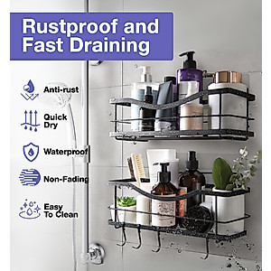 KINCMAX Shower Caddy Bathroom Shelf, No Drilling Traceless Adhesive Bathroom Storage Organizer, SUS304 Rustproof Food Storage Basket, 2-in-1 Kitchen Spice Racks-2 Pack (Matte Black)