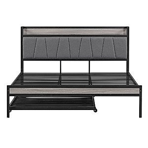 Queen Bed Frame with Trundle and Outlet & USB Ports Metal Platform Bed with Upholstered headboard, Queen Size Metal Panel Bed with Shelf, Noise-Free, No Box Spring Needed, Black with Gray