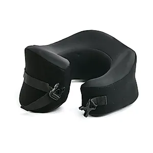 C CUSHION LAB Extra Support Travel Pillow, Award-Winning Patented Ergonomic Design for Chin & Neck Support Memory Foam Neck Pillow, Compact Airplane Pillow for Traveling, Flight, Car (Black, Large)