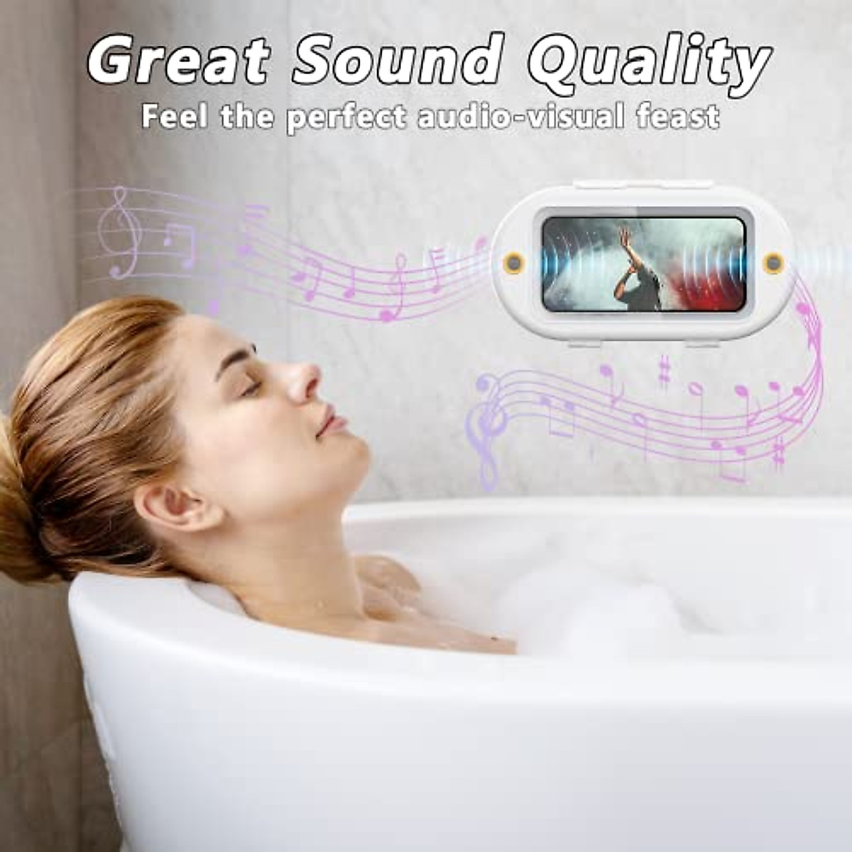 URROY Shower Phone Holder Waterproof, Shower Cell Phone Case for Bathroom Kitchen Wall, 720 Rotating Phone Mount Shelf with Sound Holes, Compatible with 4"- 6.8" Cell Phones