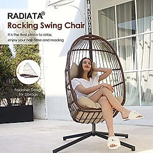 RADIATA Foldable Wicker Rattan Hanging Egg Chair with Stand, Swing Chair with Cushion and Pillow, Lounging Chair for Indoor Outdoor Bedroom Patio Garden (Brown)