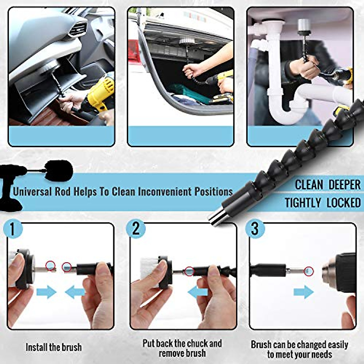 HIWARE 16 Pcs Drill Brush Car Detailing Kit - Car Polishing & Buffing Pads Kit - Soft Bristle Power Scrubber with Extend Attachment for Cleaning Car Interior, Boat, Carpet Upholstery, Bathroom