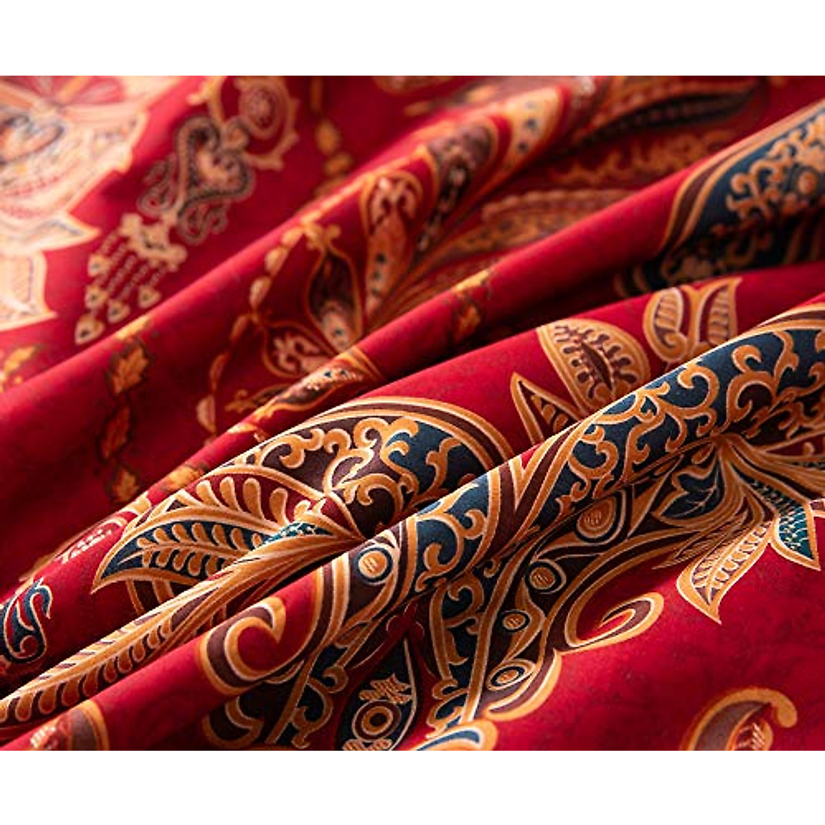 Italian Bohemian Paisley Duvet Cover 3pc Set Boho Bedding Boteh Damask Medallion 400TC Egyptian Cotton Sateen Luxury European Traditional Style Bed Linen (Red Teal, Queen)