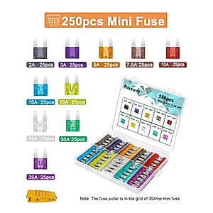 250 Pcs Mini Blade Fuse Assortment - Car Automotive Truck Auto ATM Fuse Kit (2A 3A 5A 7.5A 10A 15A 20A 25A 30A 35A)