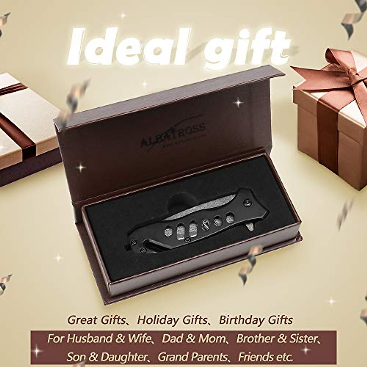 ALBATROSS EDC Cool Tactical Folding Pocket Knife with Modern Damascus Steel Blade, SpeedSafe Spring Assisted Opening Knifes with Liner Lock,Pocketclip,Glass Breaker,Seatbelt Cutter, Gifts Box(Black)