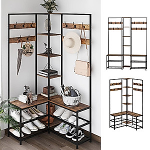 GiftGo Corner Hall Tree with Shoe Rack Storage Bench Display Open Shelves Modern Industrial Entryway Coat Rack Stand for Home Living Room Mudroom Bedroom Multifunctional 5 in 1 (Rustic Brown)