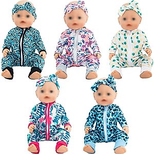 SOTOGO 5 Sets Doll Clothes Outfits Jumpsuits with 5 Headbands for 14 to 17 Inch New Born Baby Doll, 15 Inch Baby Doll and American 18 Inch Doll Clothes and Accessories
