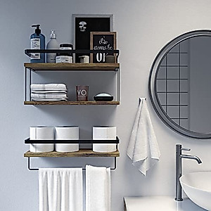 RICHER HOUSE Floating Shelves Set of 6, Rustic Wood Wall Shelf with Metal Frame, Extra Storage Rack for Bathroom, Kitchen, Bedroom with Tissue Rack & Towel Bar - Rustic Brown