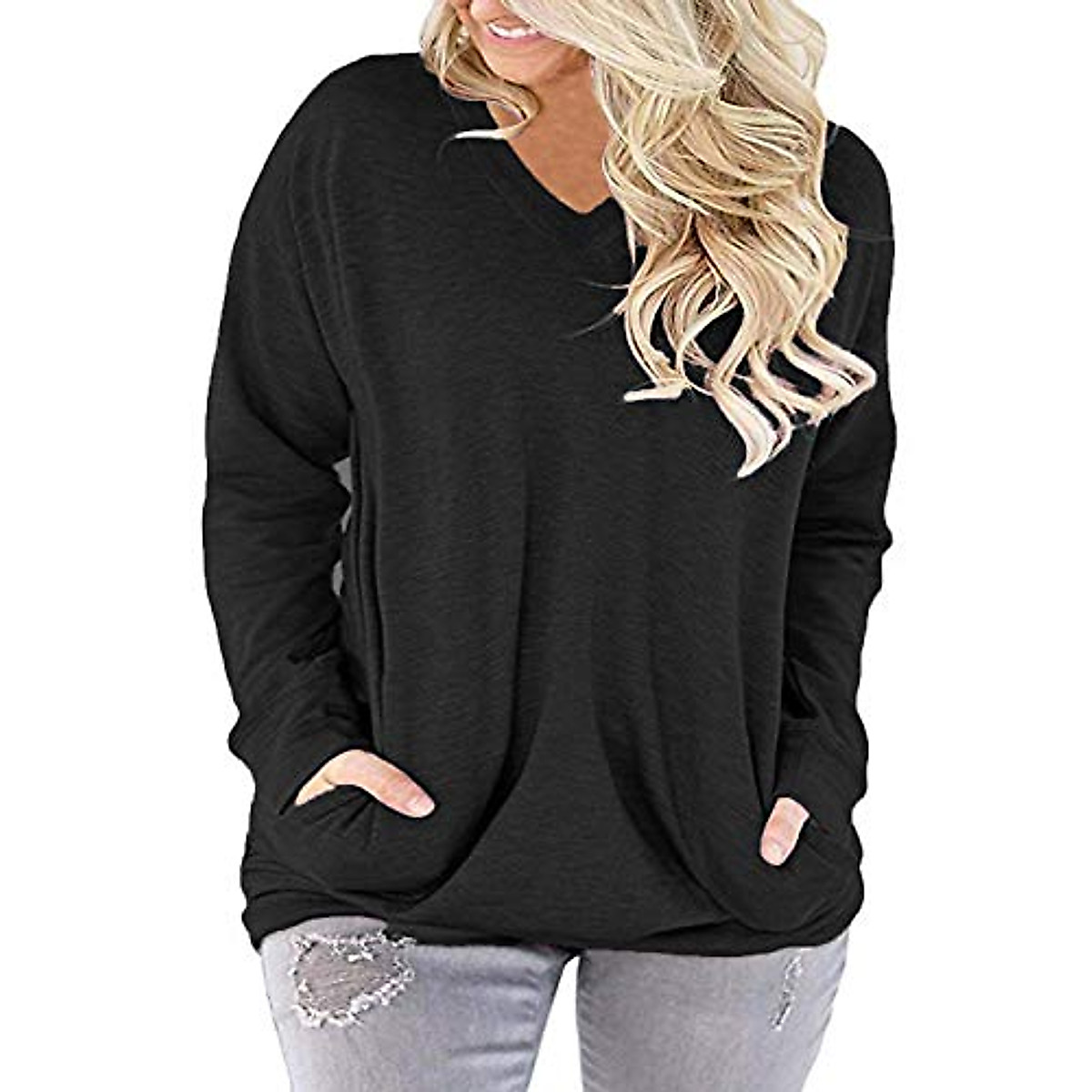 ROSRISS Plus Size Sweatshirts for Women 3X Long Sleeve V Neck T Shirts Black 22W