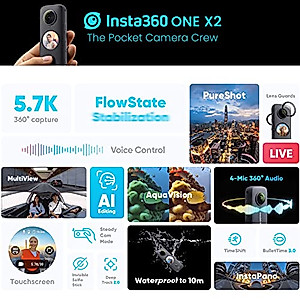 insta360 ONE X2 Waterproof Action Pocket Camera + SanDisk 64GB Extreme Memory Card + Handheld Monopod (extends to 43in) - Great Starter Bundle!, 5.7K