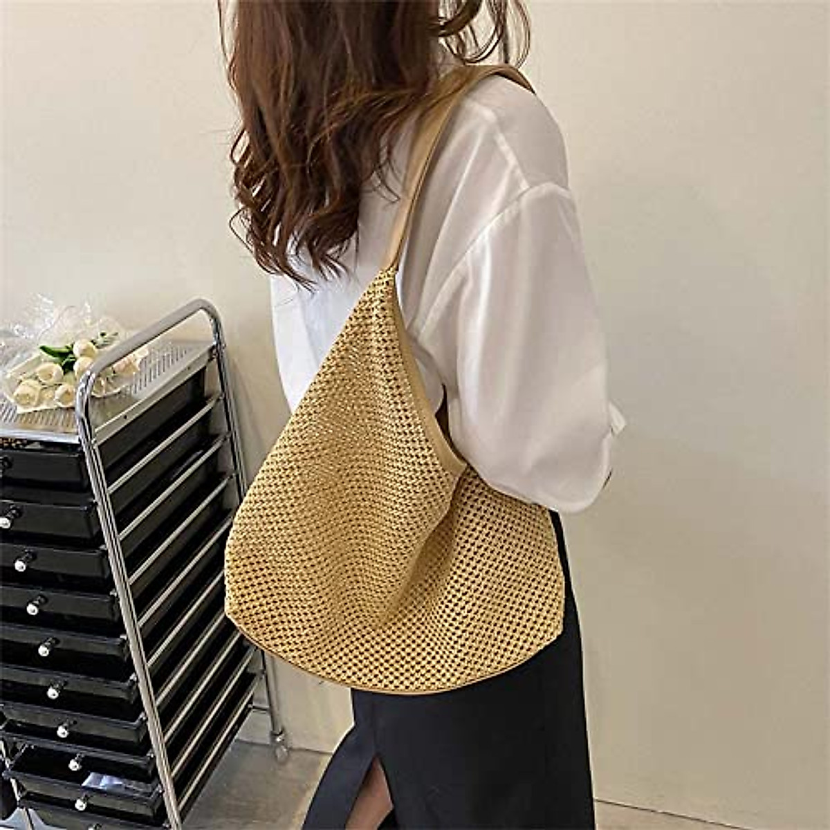 Straw Bag for Women Summer Beach Bag Soft Rattern Woven Tote Bag Large Straw Shoulder Bag for Vacation Casual