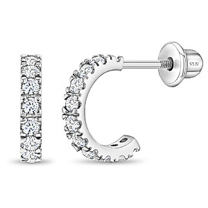 925 Sterling Silver Clear Cubic Zirconia Small Half Hoop Screw Back Earrings for Teens and Women - Classic and Elegant Safety Screw Back Earrings Wear for All Occasion