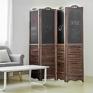 MyGift 4 Panel Rustic Dark Brown Wood Folding Room Divider Decorative Semi Private Screen with Chalkboard Panels and Two Way Hinges