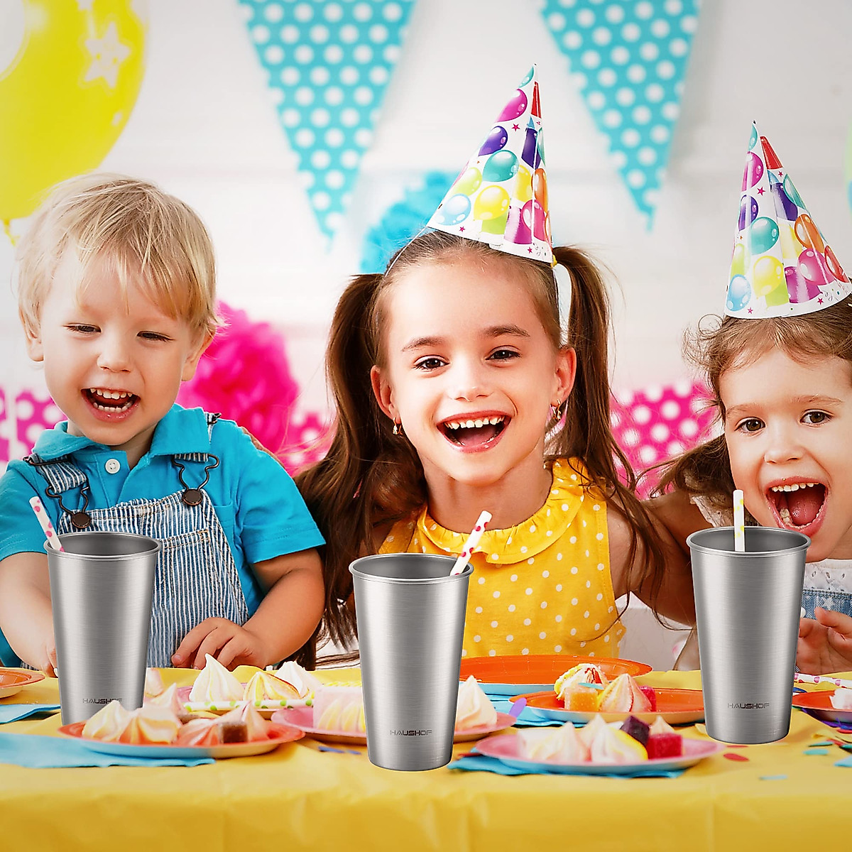 HAUSHOF Pint Cup, 20 oz Stainless Steel Cups, Stackable Metal Drinking Cups, Stacking Beer Pint Cups for Home, Party, Camping, Outdoor, Unbreakable, 4 Pack