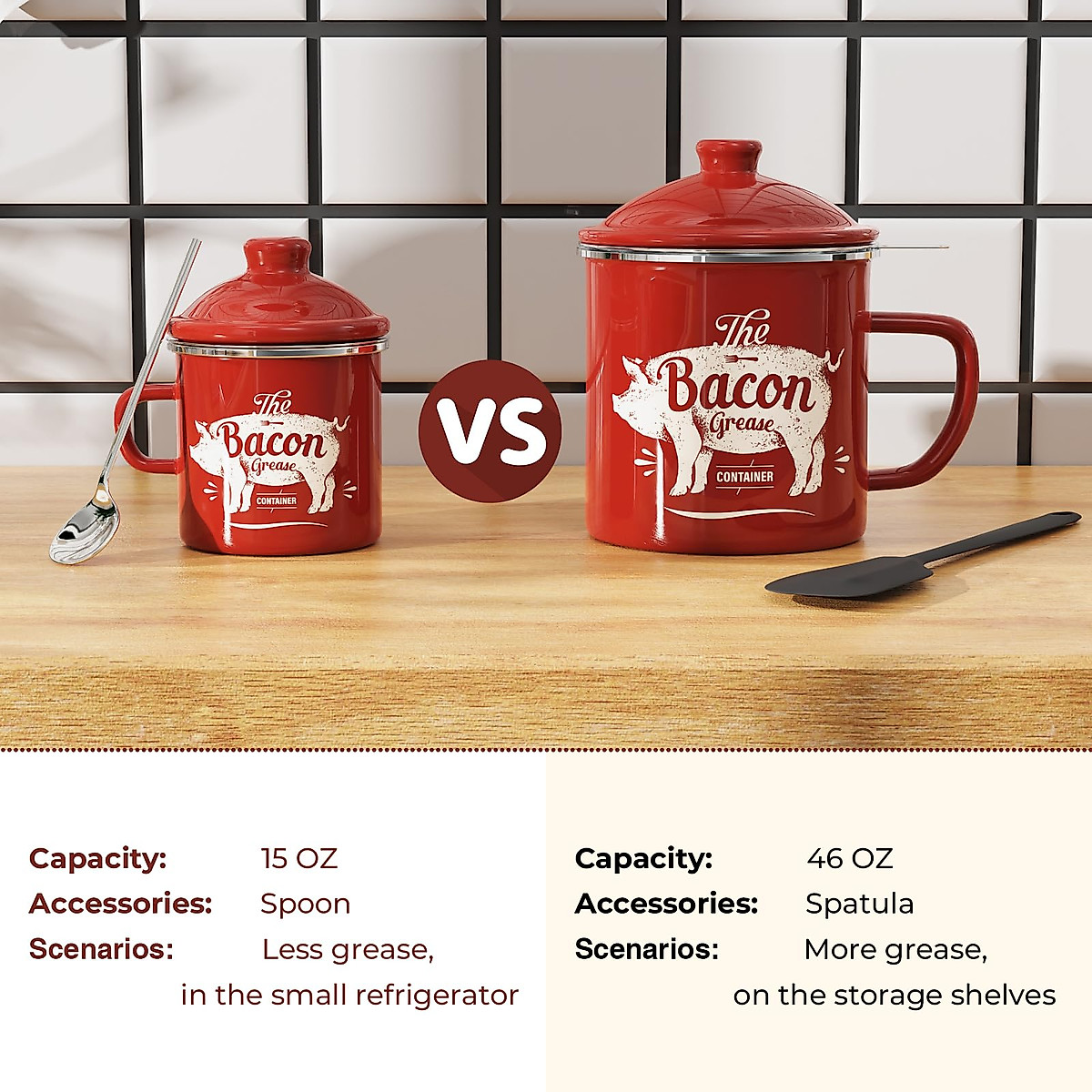 PGYARD Mini Bacon Grease Container With Strainer - 15OZ Enamel Grease Saver, Farmhouse Bacon Grease Keeper For Kitchen Fat Storage, Dishwasher Safe-Red