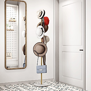 TIEOU Free-standing Coat Rack Gold, Hat Hanger Hall Tree, Metal Coat Hangers for Scarves, Backpacks, Umbrellas, Purses, Simple Coat Stand, Stylish Coat Tree with Stable Round Marble Base, 8 Coat Hooks